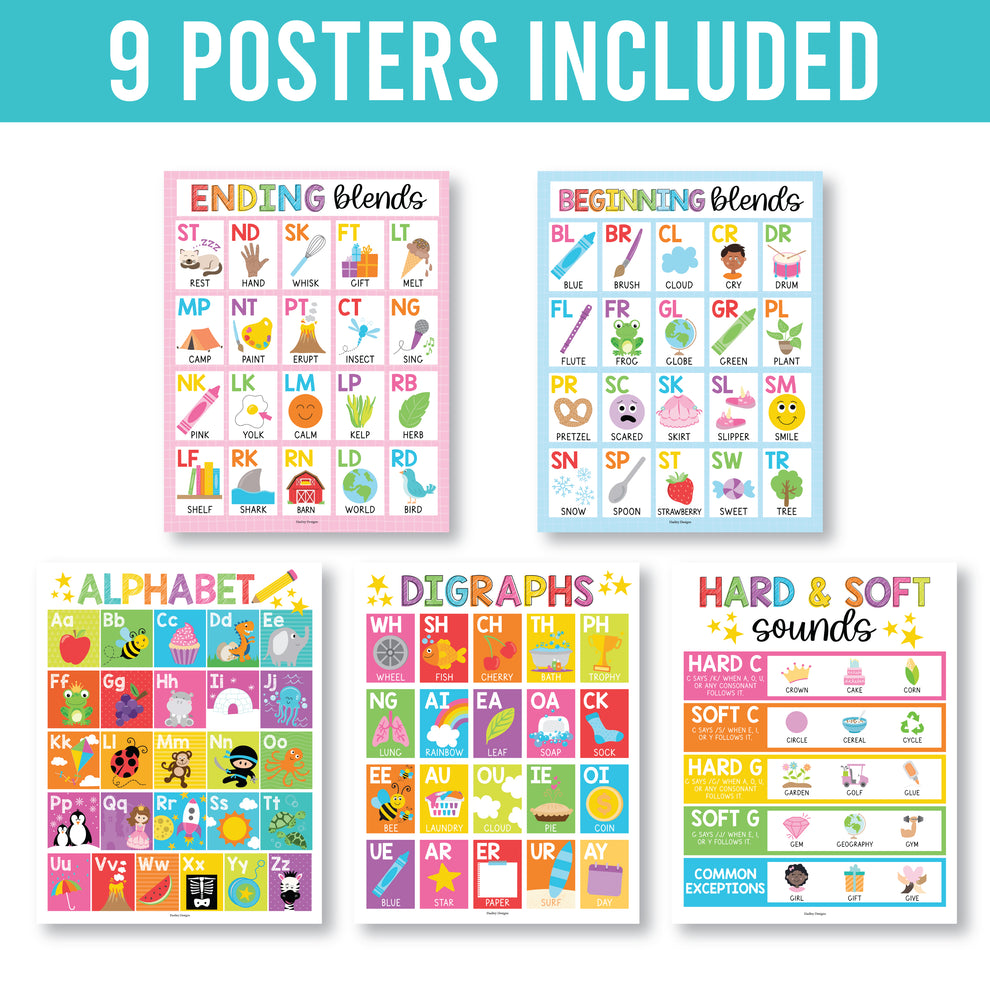 16 Colorful Prek and Kindergarten Posters and 9 Phonics and Vowels Pos ...