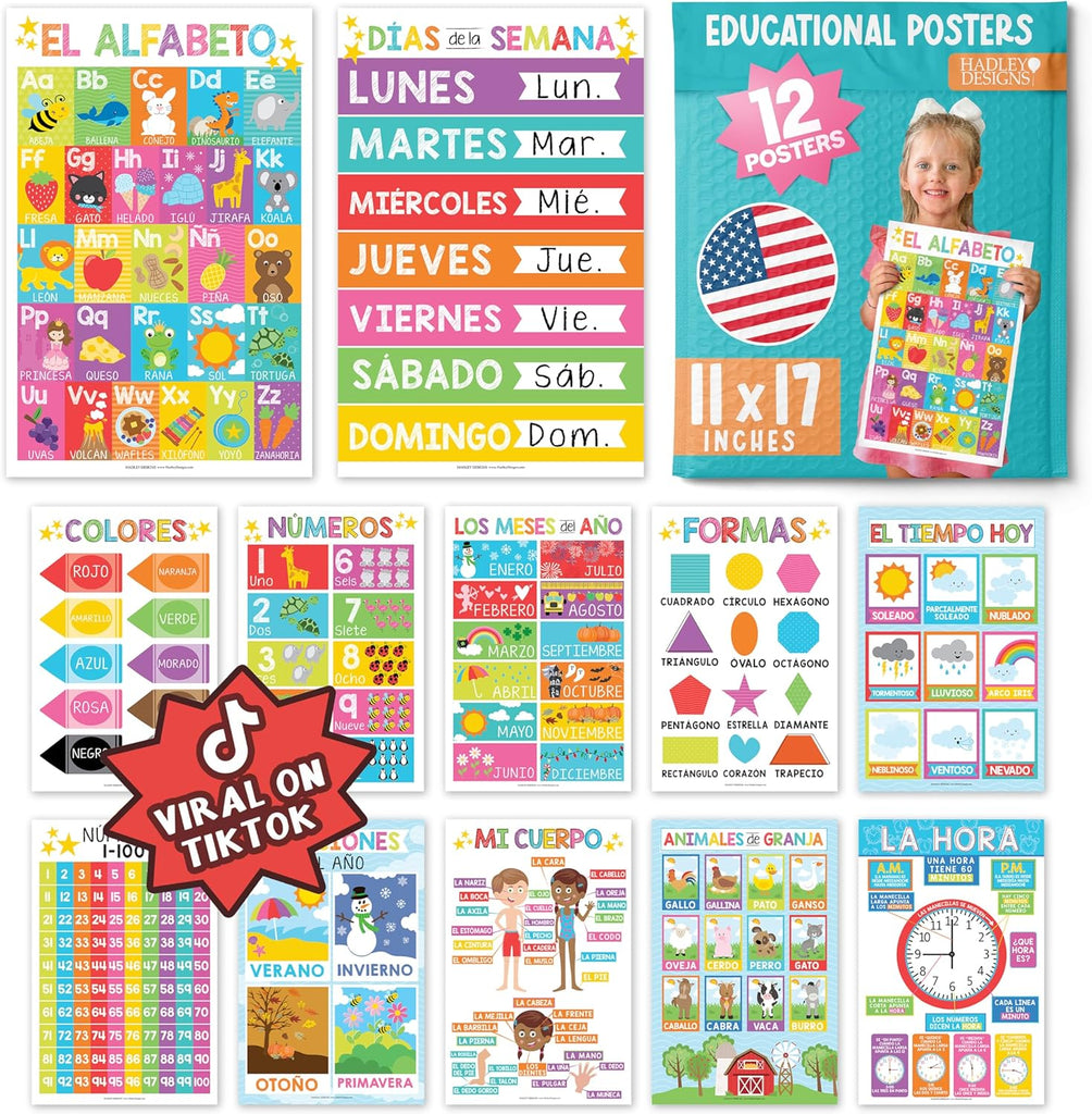 Spanish Pre-K Kit, Colorful 12 Poster Pack – Hadley Designs